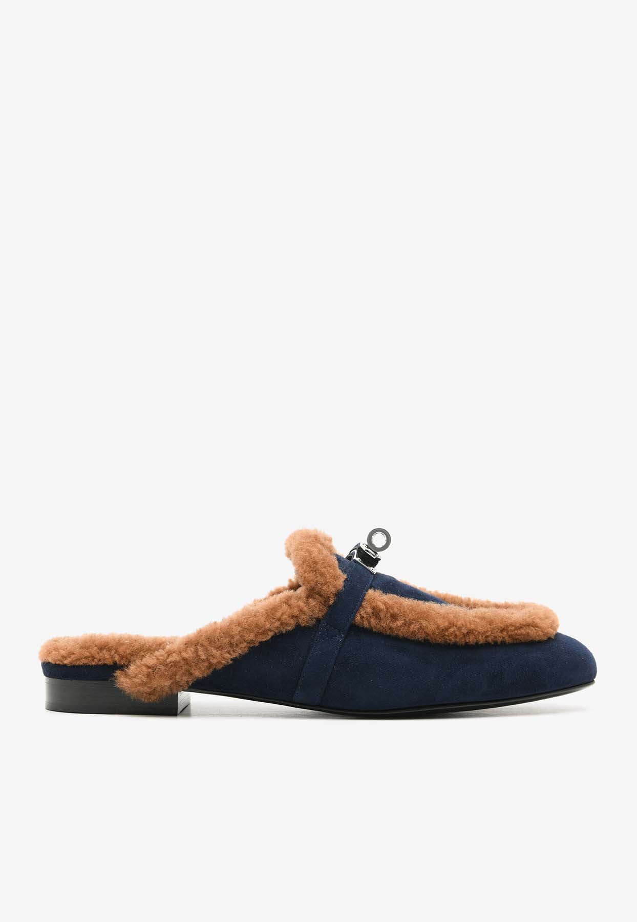 Oz Flat Mules in Marine Suede and Gold Shearling – THAHAB KW
